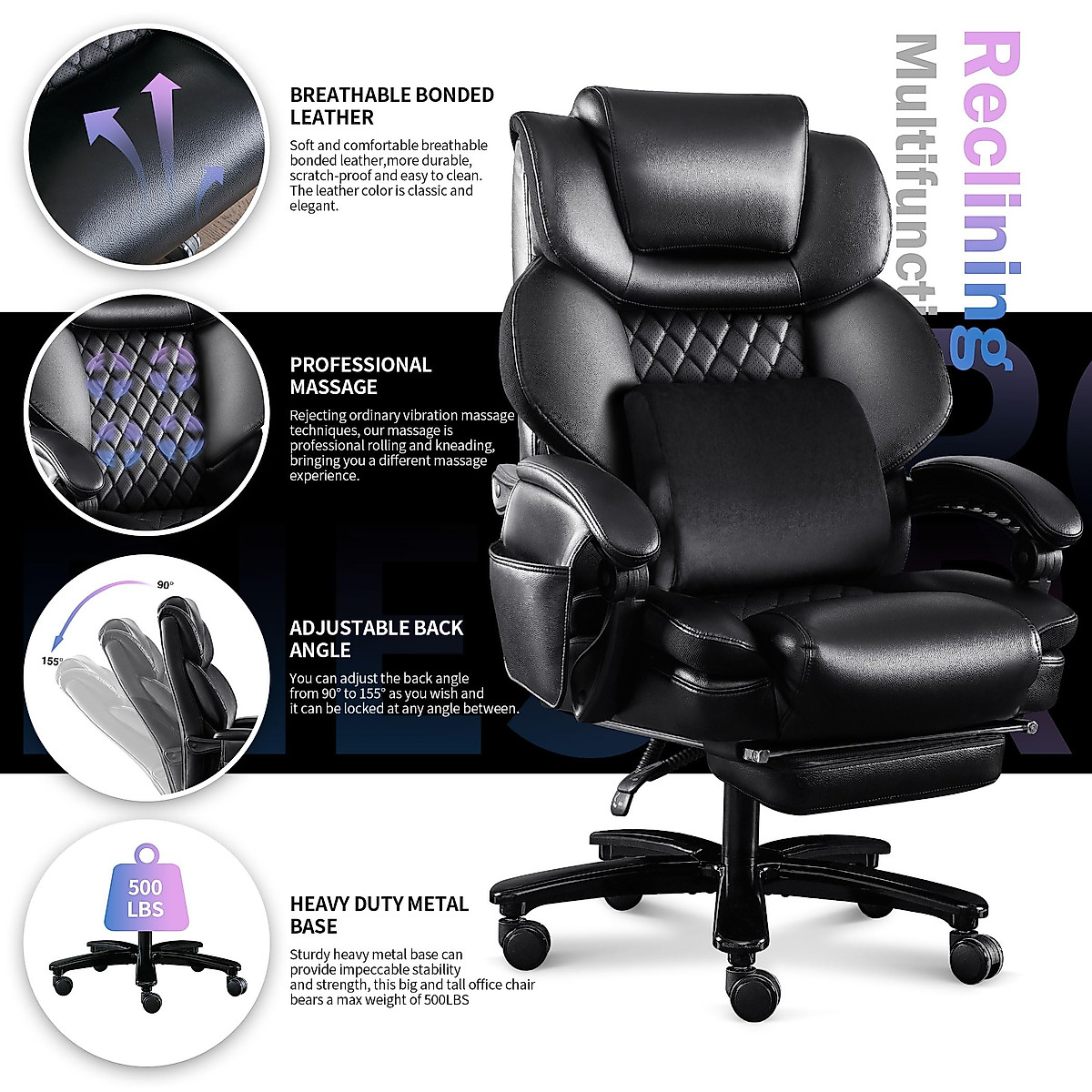 Big and Tall Office Chair 500lbs with 3D Rolling Massage Lumbar Cushion Executive Office Chair High Back Reclining Office Chair with Footrest Wide Seat Breathable Back Support Home Office Desk Chairs