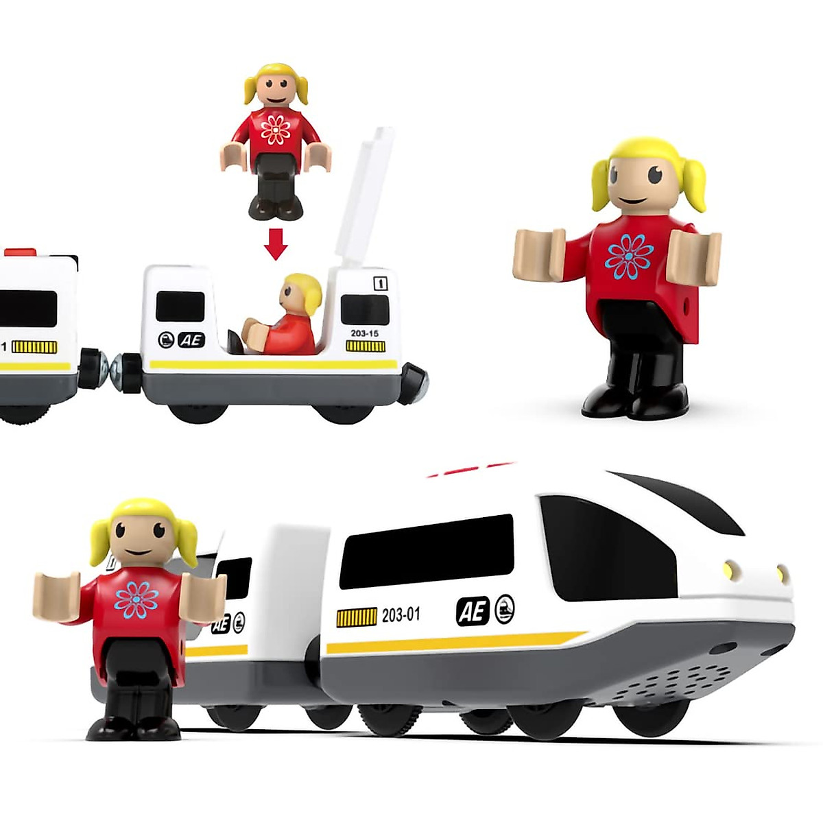 Wooden Train Set Accessories Battery Operated Locomotive Train, Remote Control Train Vehicles for Wood Tracks, Powerful Engine Train Cars Fits All Major Brands of Railway System (Battery Not Included)