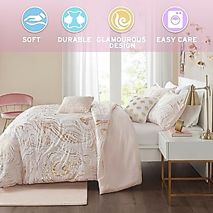 Intelligent Design Duvet Cover Queen Bedding Sets Chic Modern Metallic Swirl Marble Abstract Print Microfiber Bedding Queen Size Duvet Cover Set, Throw Pillows Rebecca, Full/Queen Blush/Gold 5 Piece