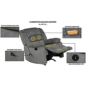 Relaxzen Longstreet Rocker Recliner with Massage, Heat and Dual USB Ports, Microfiber, Gray