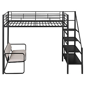 Twin Size Loft Bed with Storage Staircase and Bench, Metal Twin Loft Bed Frame for Kids Teens, Twin High Loft Bed, Metal Loft Bed with Full Length Guardrail and Slat (Twin, Black)