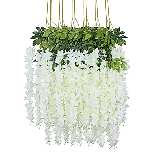 Duovlo 12 Piece Artificial Silk Wisteria Vine 3.6 Feet Ratta Hanging Flower Garland String Home Party Wedding Decor (White)