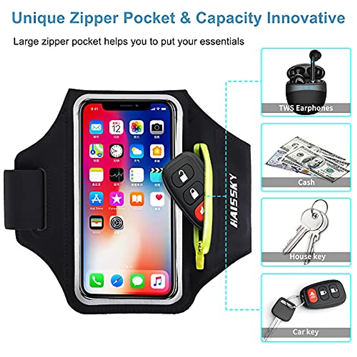 Cell Phone Running Armband with Airpods Zipper Pocket Armband Case Running Holder For iPhone 14/14 Pro Max/13/13 Pro/12 Pro Max/12 Pro /11 Pro Max,Galaxy S20 S10,Sweatproof Arm Band with Card/Key Bag