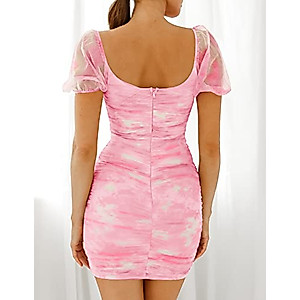 ZESICA Women's 2023 Summer Short Puff Sleeve Tie Dye Print Ruched Bodycon Cocktail Party Wedding Guest Short Mini Dress,HotPink,X-Large