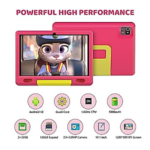 Cheerjoy Kids Tablet 10 inch, Android 12 Tablet for Kids with Parent Control, Kidoz Pre-Installed, 2GB+32GB, 6000mAh Dual Camera WiFi Bluetooth Tablet, Children Tablet with Shock-Proof Case (Pink)