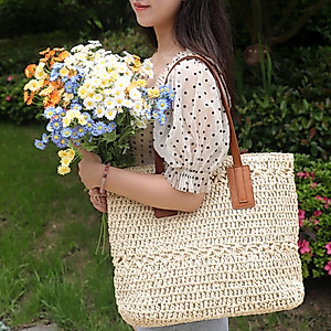 Straw Bag for Women Woven Beach Structured Tote Handmade Crochet Carteras De Mujer Summer Shoulder Bohemian Pom Travel