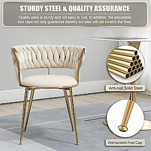 Modern Velvet Dining Chairs Set of 4, Upholstered Living Room Chair with Woven Back and Golden Metal Legs, Mid-Century Accent Side Chair for Dining Room, Living Room, Kitchen, Vanity Room, Ivory