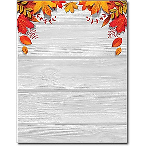 Fall Leaves over Wood Stationery Paper - 80 Sheets - Autumn Letterhead for Festivals & Thanksgiving
