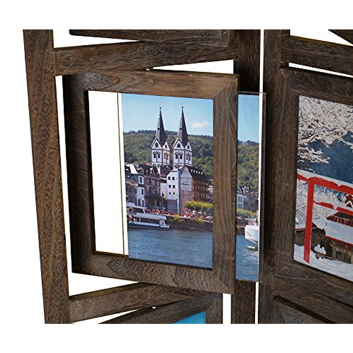 Proman Products Oscar II Scenic 4 Panel Folding Screen Room Divider FS16773 with 16 Picture Frames Display 32 Pictures, Paulownia Wood, Smoked Brown Finish, 54" W x 1" D x 67" H (Max Extends)