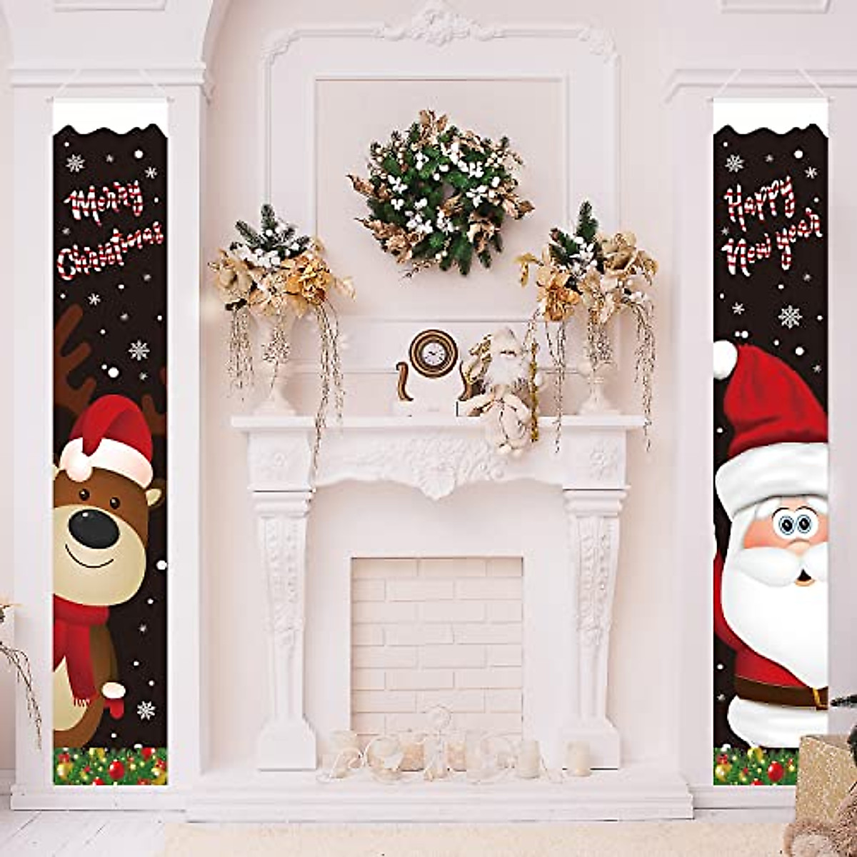 Christmas Front Porch Banner Merry Christmas Door Banner Outdoor Santa Clause Reindeer Xmas Hanging Sign for Outside Porch Wall Christmas Wall Decoration (Black)