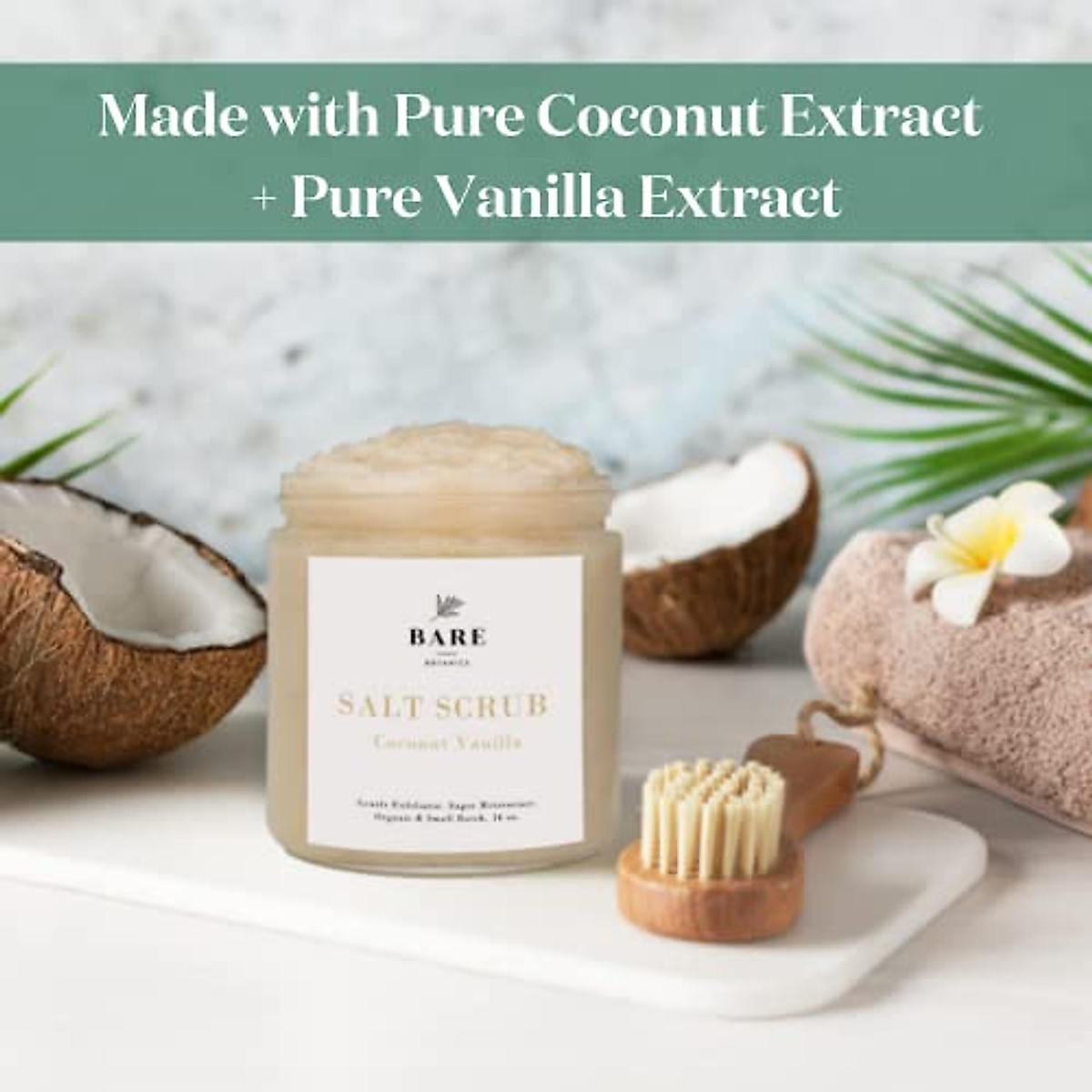 Bare Botanics Natural Body Scrub (Coconut Vanilla) – Gentle Exfoliator & Super Moisturizer | Includes a Wooden Spoon | No Synthetic Fragrances, No Nut Oils, Ready to Gift | Net Weight 24oz