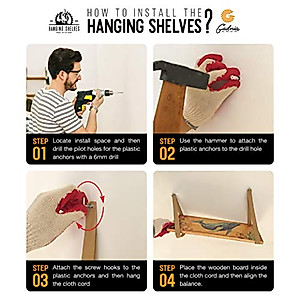 GADNIA Set of 2 Floating Shelves Wall Mounted | Aquatic World Wall Decor Hanging Shelf | Solid Wood Wall Display Shelves for Bathroom, Living Room, Bedroom, Office | Khaki Fabric Wire