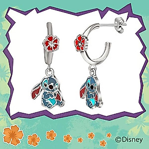 Disney Girls Lilo & Stitch Hoop Earrings - Enamel Hibiscus Flower & Stitch Brass Dangle Earrings - Officially Licensed