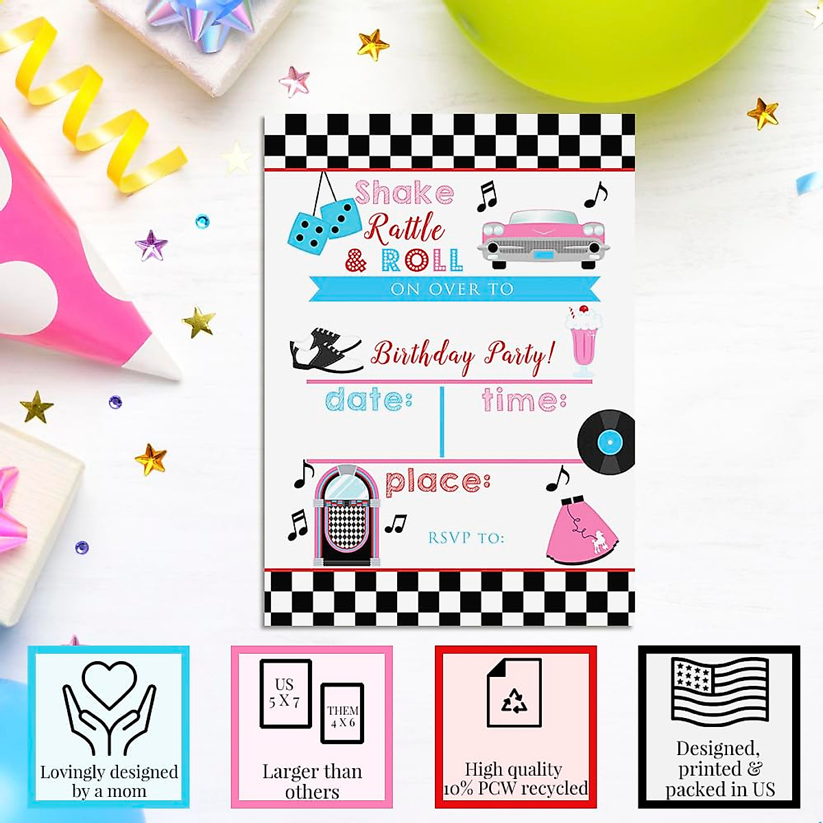 50's Sock Hop Birthday Party Invitations, 20 5x7 Fill In Cards with Twenty White Envelopes by AmandaCreation