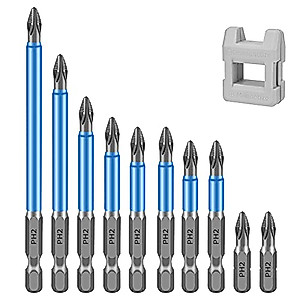 BAYTORY 10-Piece Magnetic Anti-Slip Screwdriver Bits with 1-Piece Magnetize Corrector Tool, 1/4 inch Hex Shank PH2 Phillips Screw Head 25-150mm Long Electric Cross Drill Bit Set