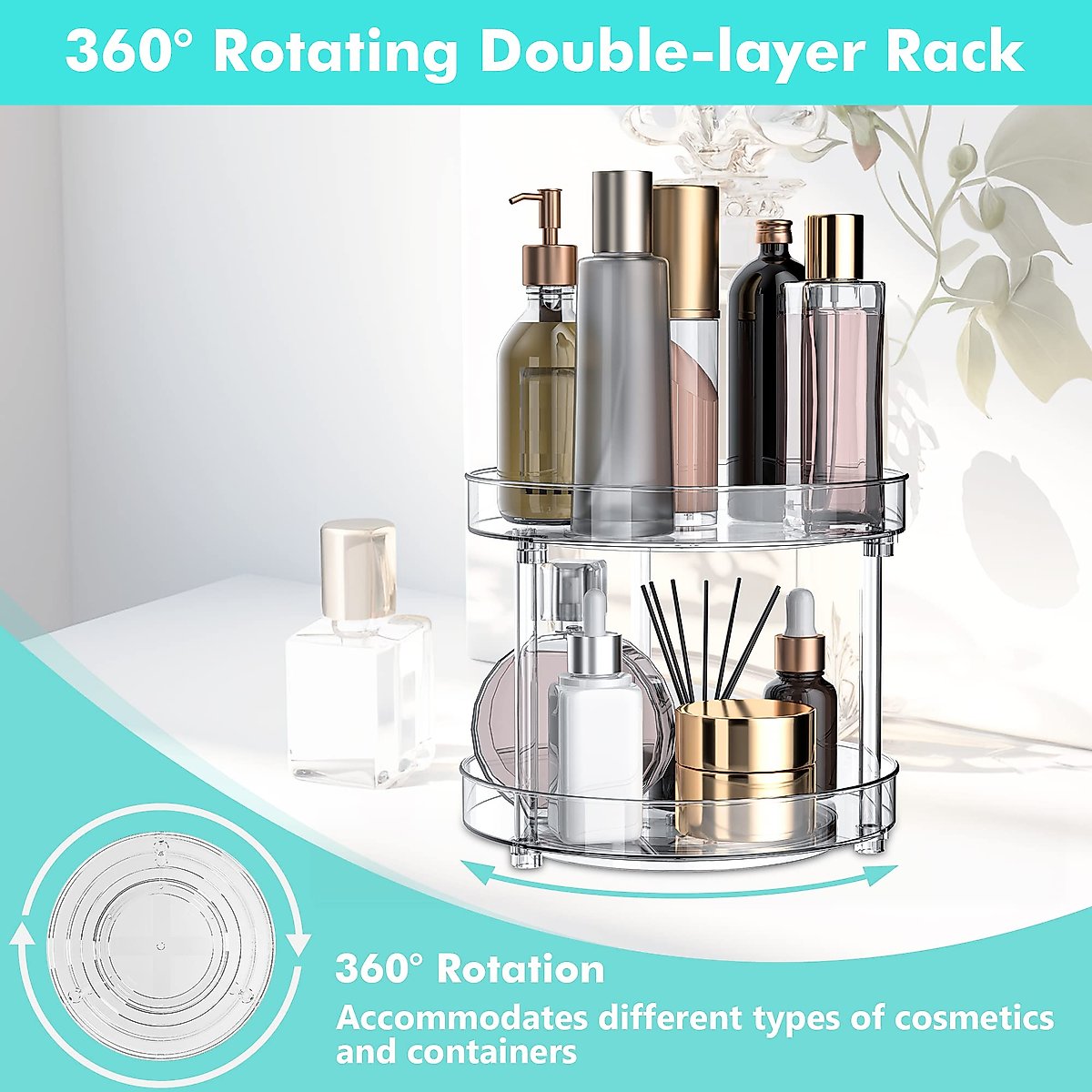 2 Tier Lazy Susan Organizer，Clear Plastic Lazy Susan Turntable for Cabinet，Rotating Lazy Susan Spice Rack Cabinet Organizer for Kitchen，Table，Refrigerator，Pantry，Bathroom