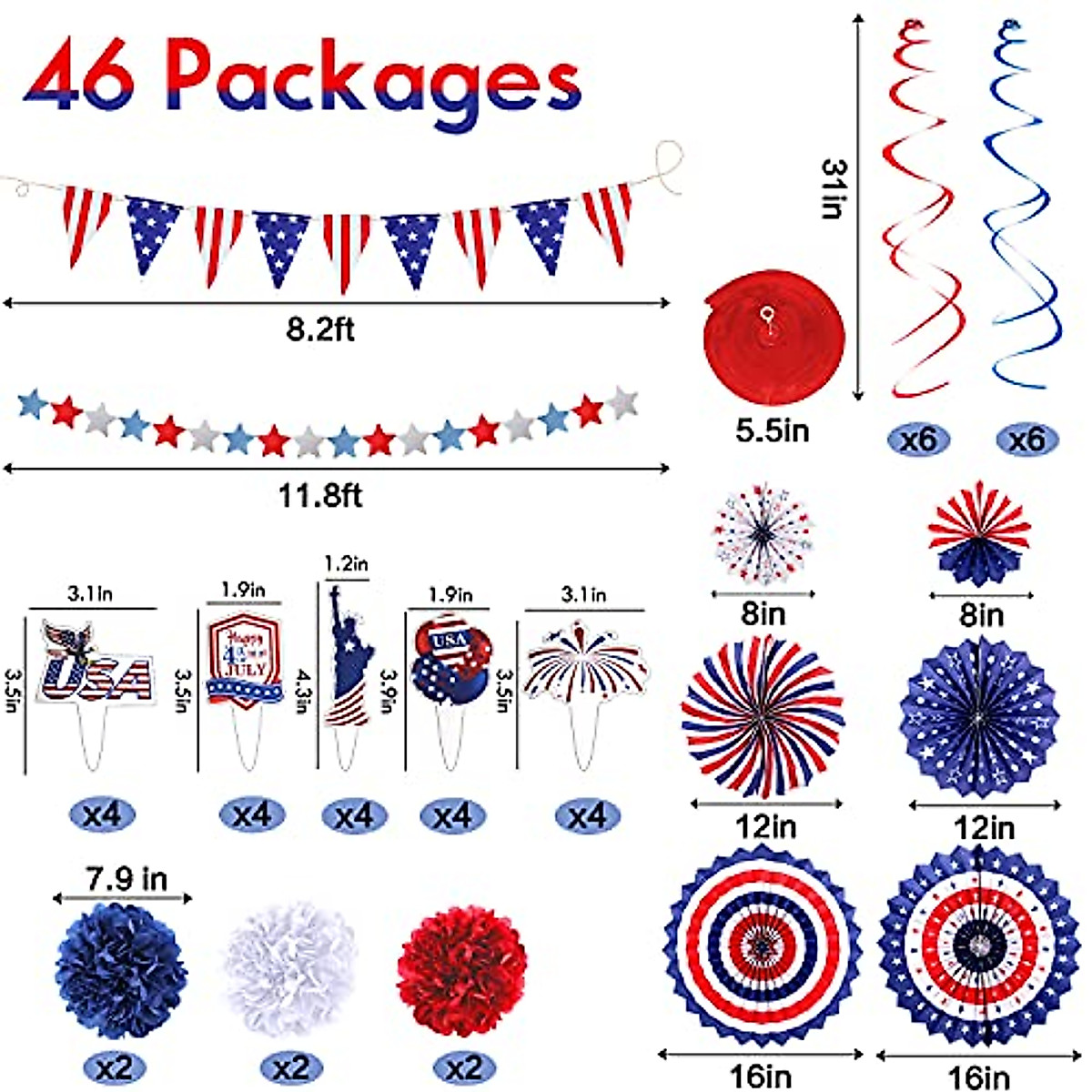 46pcs 4th of July Patriotic Decorations - Fourth of July Decor American Flag Party Supplies - USA Flag Pennant, Red White Blue Paper Fans, Cupcake Toppers, Star Streamer, Hanging Swirls Party Decor