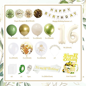 GYESXYW Sage Green 16th Birthday Decorations for Girls, Olive Green and Gold Sweet 16 Party Decorations Set, Happy Birthday Banner, Birthday Sash, Crown, Confetti Balloons for Her Party Supplies