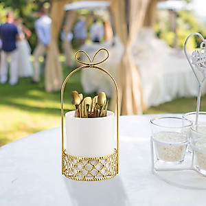 JUXYES Ceramic Silverware Holder For Tabletop, White Cutlery Holder With Golden Metal Bracket, Decorative Flatware Holder Countertop Utensil Holder Organizer for Wedding Kitchen Dining Tables