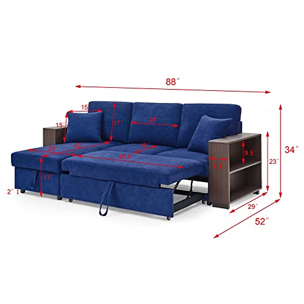 GODAFA L-Shaped 88'' Living Room Sectional Pulled Out Bed, 2 Seats Sofa and Reversible Chaise with Storage, MDF Shelf Armrest, Two Pillows, Navy Blue