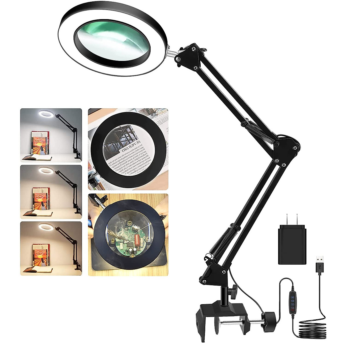 LED Magnifying Glass Desk Lamp with Clamp ,3 Color Modes 10 Levels Dimmable Adjustable Swivel Arm for Reading Rework Craft Workbench