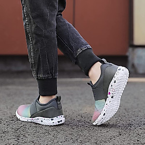 GEERX CARA Girls Slip On Athletic Sneaker Lightweight Sport Walking Running Tennis Shoe (Toddler/Little Kid/Big Kid) Grey Purple Rainbow Size 2