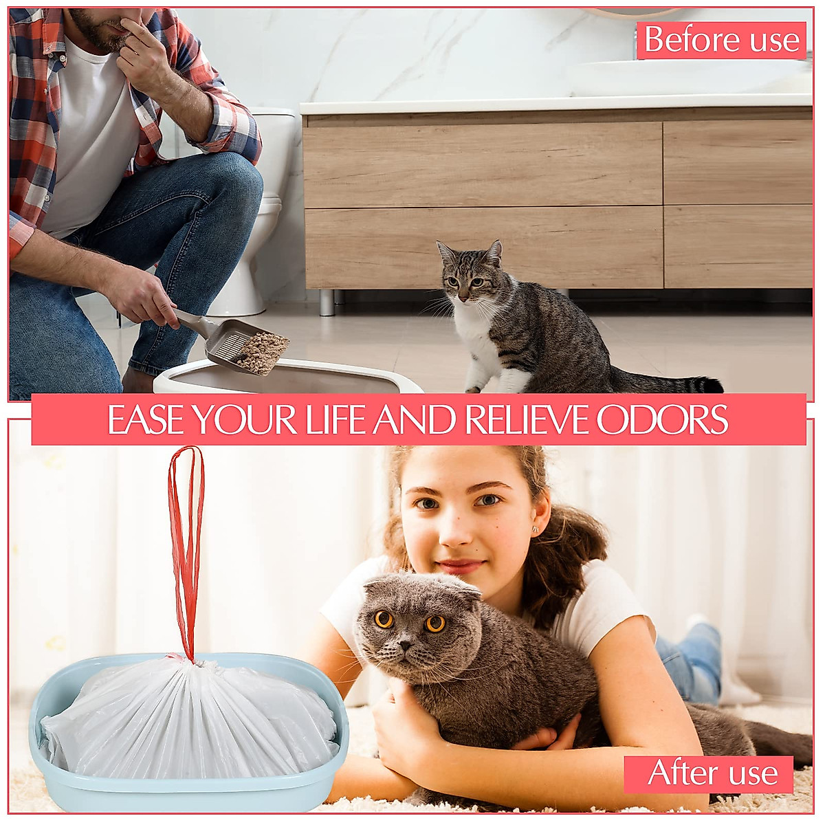 30 Count Large Cat Litter Box Liners Drawstring Kitty Litter Pan Box Liners Heavy Duty Cat Litter Bags Thick Cat Litter Box Liners Kitty Litter Bags, 31 x 18 Inch