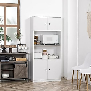 HOMCOM 71" Kitchen Buffet with Hutch, Pantry Storage Cabinet with Shelves, Open Microwave Countertop for Dining Room, Living Room, White