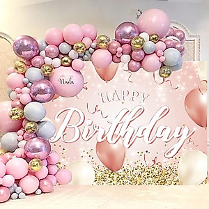 ASOONYUM 6x4ft Glitter Pink Gold Birthday Backdrop for Women Girls Rose Golden Balloon Background for Photography Happy Birthday Banner for 16th 21st 30th 40th 50th 60th Bday Decor
