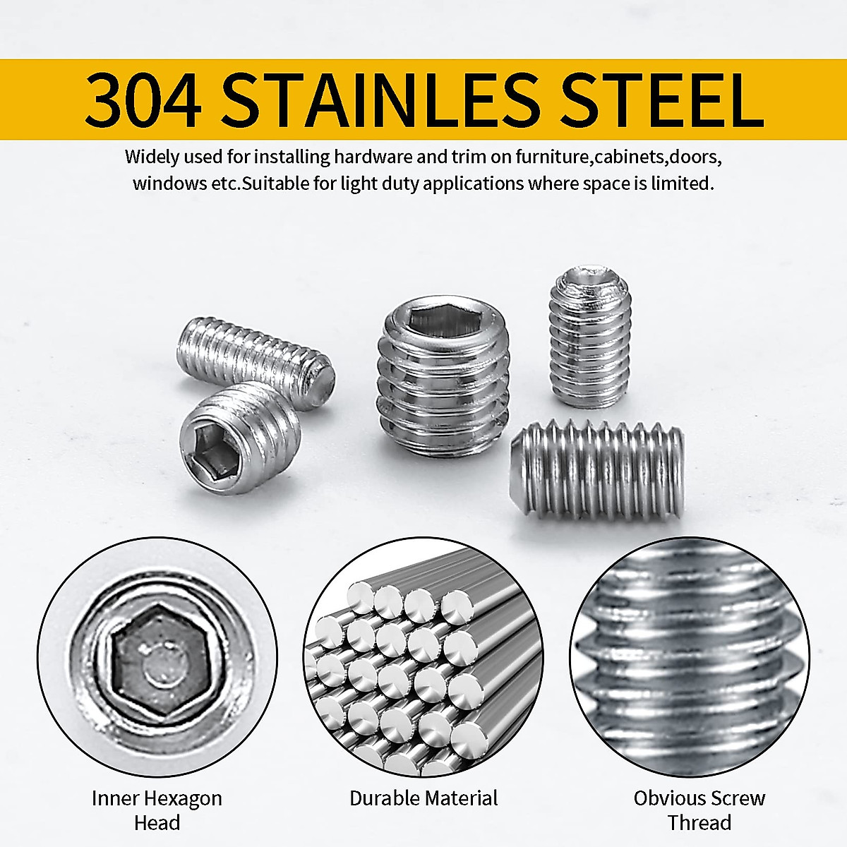 TOOINKCV 300 Pcs Stainless Steel Socket Head Screws Assortment Kit, Allen Head Socket Hex Head Screws, Metric M3 M4 M5 M6 M8 Grub Screws Set for Door Handles, Light Fixture