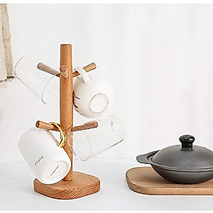Hooshion Wooden Mug Rack Holder Stand, Coffee Mug Holder Stand, Mug Tree Holder with 6 Hooks Cups Organizer Cups Dryer for Tea Cup Coffee Cup Mug
