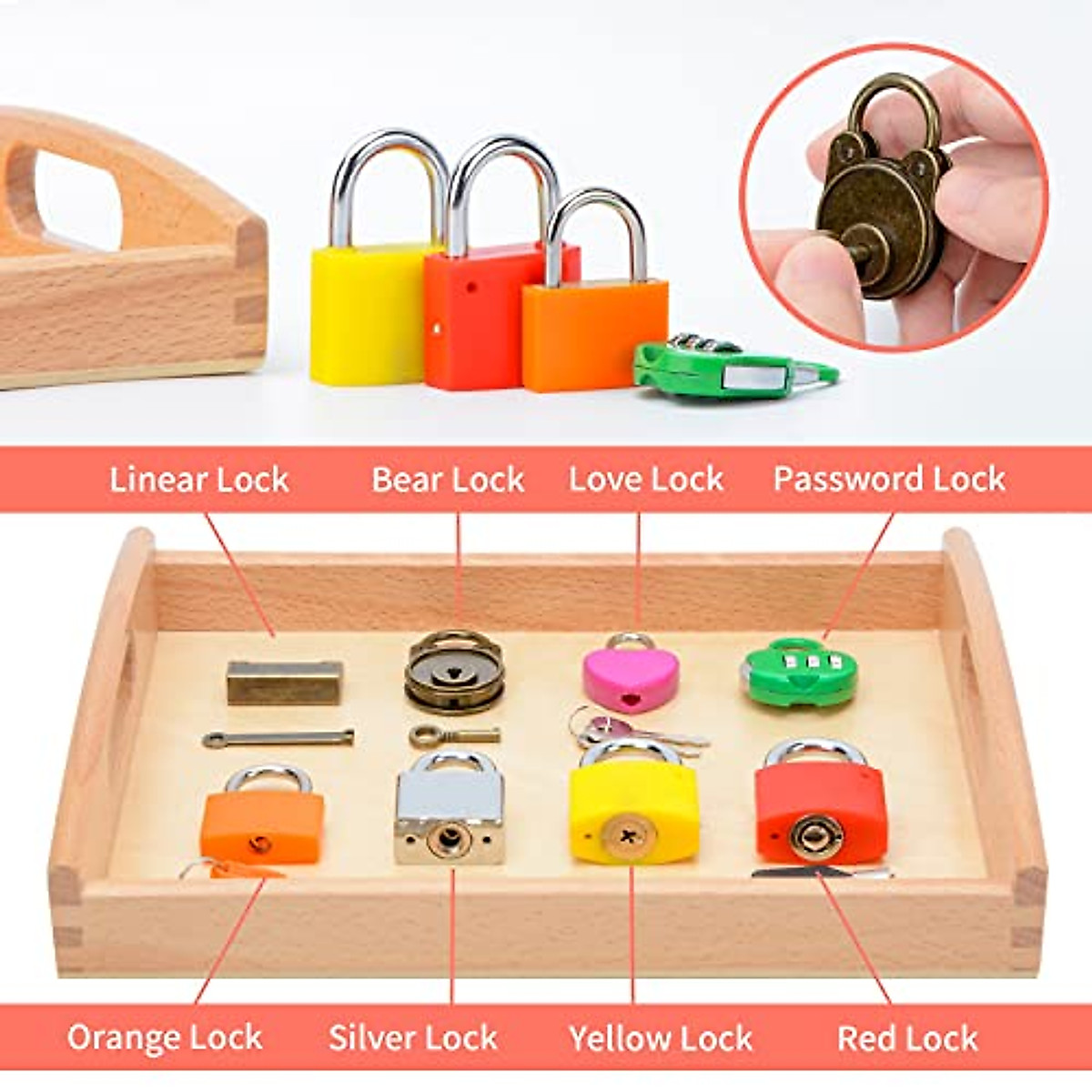 MIKNEKE Montessori Lock and Key Toys Set for Toddlers, Toy Keys Preschool Learning Activities, Wooden Montessori Materials Learning & Education Toys for 3+ Year Old Kids
