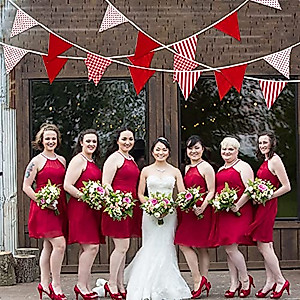 Zwiebeco 32Ft Red White Plaid Stripe Dot Fabric Bunting Banner Triangle Flags Cotton Garland Pennant for Birthday Wedding Engagement Carnival Party Classroom Nursery Home Outdoor Garden Decorations