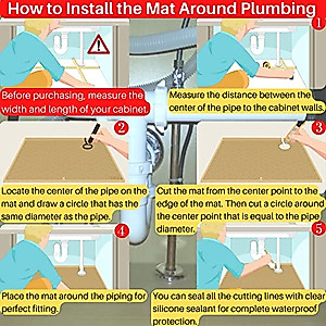 maryha Under Sink Mat for Kitchen Cabinet - Waterproof Silicone Proctor Tray for Leaks, Drips, Spills - Flexible Shelf Liner with Raised Edge and Drain Hole for Kitchen, Bathroom - 34" x 22" Beige