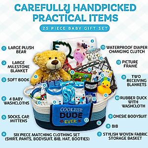 Bundle of Joy Deluxe Baby Boy Gift Set, Baby Layette Set with 25-Piece New Baby Essentials, Baby Gift Basket for Expecting Moms, Blue - Nikki’s Gift Baskets