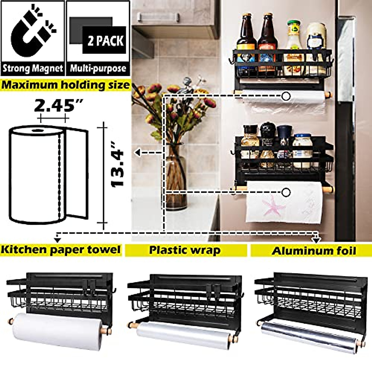 Sleclean Magnetic Spice Rack Organizer for Refrigerator, 2 Pack, Paper towel holder magnetic, Kitchen Magnetic Shelf,13.4"x4.5"x7.1", Black