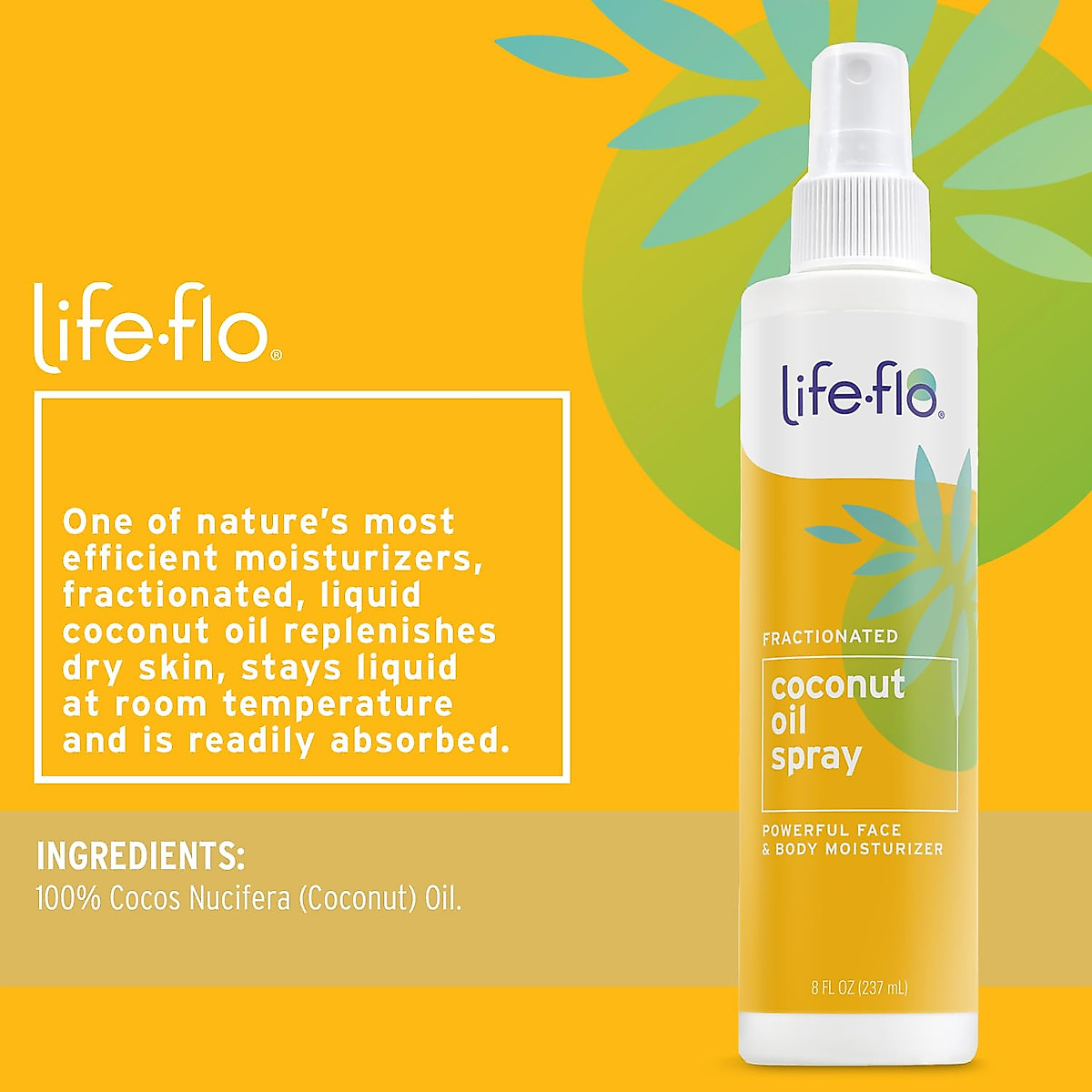 Life-flo Fractionated Coconut Oil Spray, Refined Liquid Coconut Oil for Skin Care, Hair Care, Lightweight Moisturizer, All Skin Types, Hypoallergenic, 60-Day Guarantee, Not Tested on Animals, 8oz