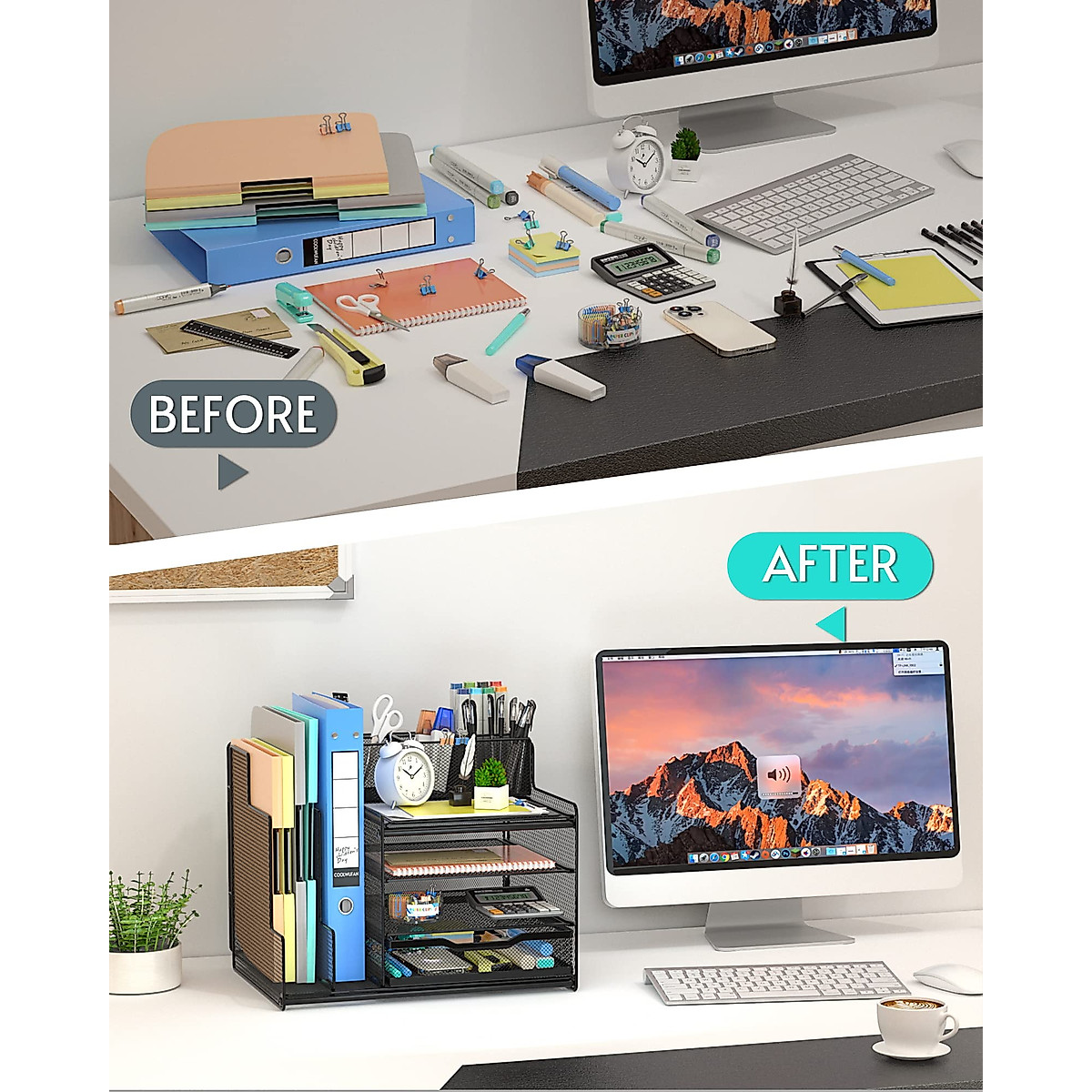 VIVSOL Desk Organizer with Mesh File Holder, 4-Tier Office Supplies Desk Organizers and Accessories with Sliding Drawers, 3 Trays & Pen Holder, Desk File Organizer and Storage for Office, School, Home