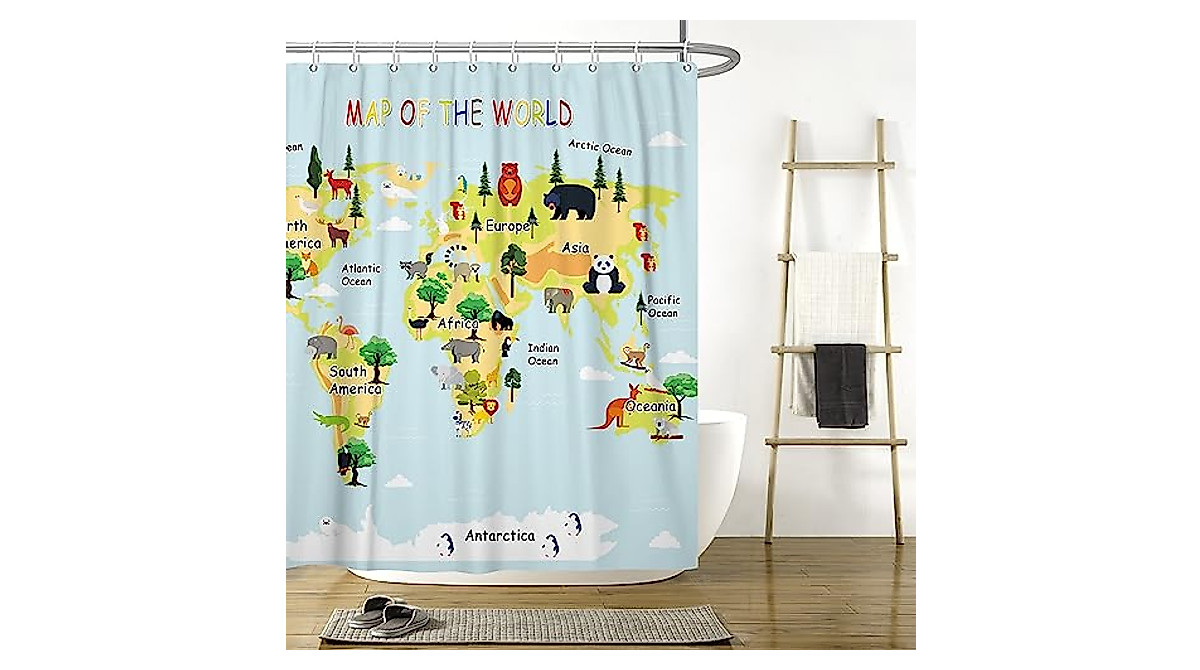 Animal World Map Shower Curtain for Kids – 72" x 72"