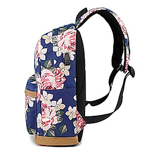 Floral School Backpack for Girls College Bookbags Travel Backpack Laptop Rucksack Travel Backpack with USB Charging Port, Casual Daypack for Women with USB Charging Port (Blue Floral)
