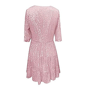 Cnebo A Line Dresses for Women Wedding Guest Ladies Sequin Sequins Round Neck Short Sleeves Big Swing Cute Dress Red