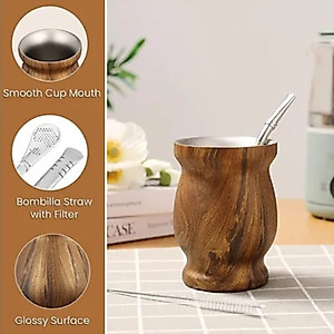 Yerba Mate Gourd Tea Cup, 8 Ounces Original Traditional Mate Cup Double Walled Yerba Mate Set with Spoon and Brush, Stainless Steel Insulation Cup for Coffee Tea