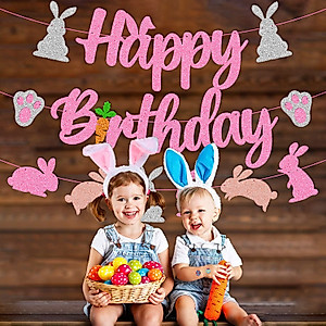 Bunny Birthday Banner Rabbit Bday Party Decorations Bunny Paw Ears Carrot Easter's Day Theme for Kids Boy Girl Baby Shower Party Supplies (Pink)