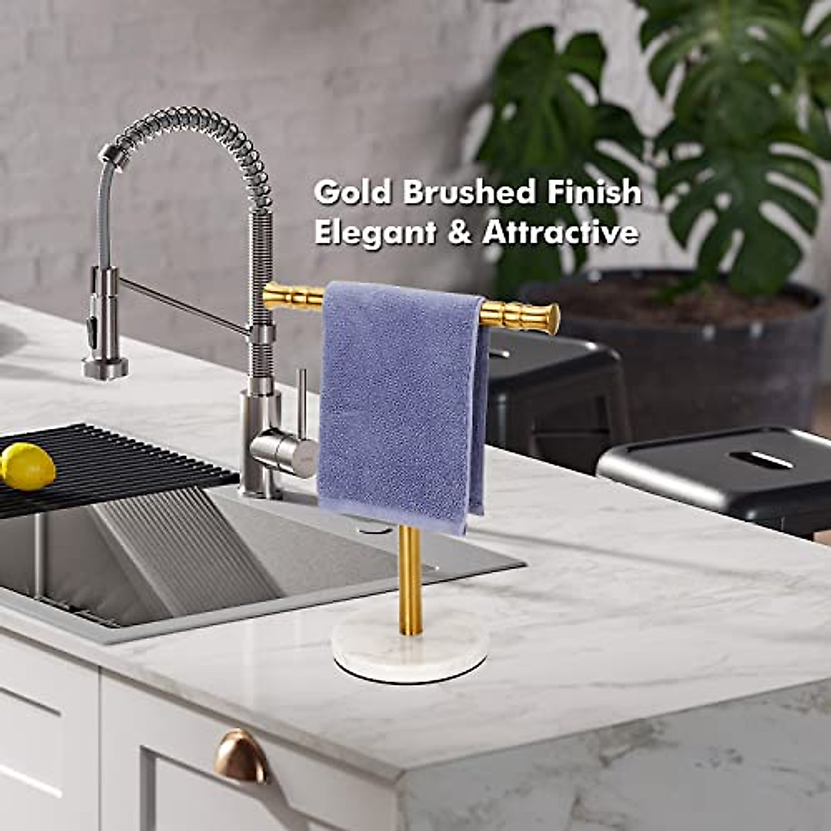 Luxmay Towel Rack with Natural Marble Base T-Shape Hand Towel Holder Stand SUS304 Stainless Steel for Bathroom Vanity Countertop (Gold Brushed)
