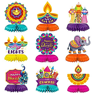 9 Pieces Diwali Honeycomb Ornaments - Diwali Party Decorations Demon Slayer Table Centerpieces Tabletop Decorations Diwali Happy Decorations for Indian Diwali Home Rangoli Party Decorations