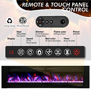 MFSTUDIO Electric Fireplace, 40 inch Fireplace Heater Recessed and Wall Mounted Low Noise with Touch Screen Remote Control and Timer, 1500W