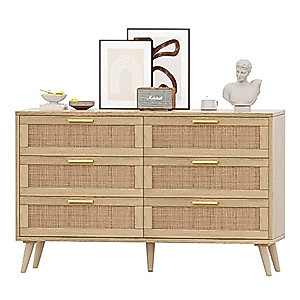 Rovaurx 6 Drawer Double Dresser for Bedroom, Rattan Chest of Dressers, Modern Wooden Dresser Chest with Golden Handles, Beside Table for Closet, Living Room and Entryway, Natural RDG001M