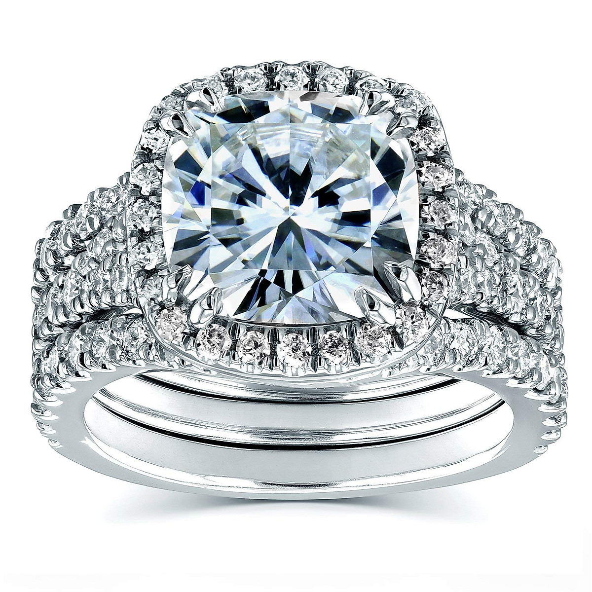 Kobelli Cushion Forever One Moissanite Halo Bridal Rings 4 CTW CTW Platinum (3 Piece Set) - 5.5