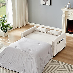 Eafurn 3 in 1 Convertible Loveseat Sofa with Pull Out Sleeper Bed, Small Love Seat Futon Couch Sofabed with Adjustable Backrest, Beige 46.46" w/ 2 Pillows and Side Pockets