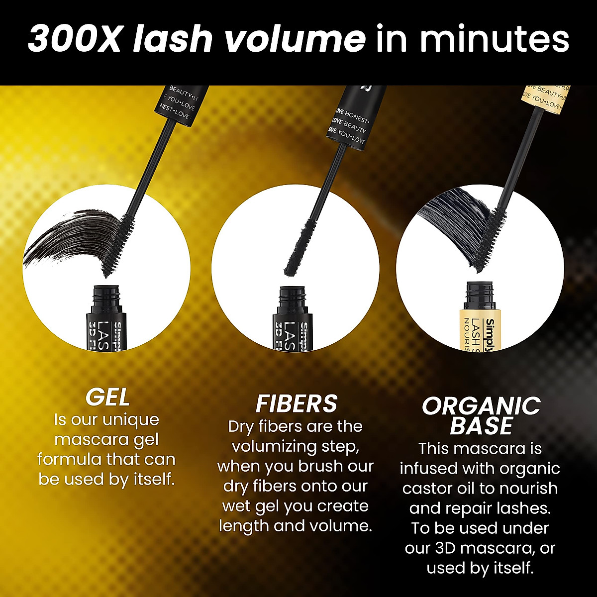 3D Black Mascara for Volume & Length - Eyelash Growth Nourishing Base, Black Mascara Gel & Dry Fibers to create 3D Lengthening Effect. Non-Toxic & Cruelty Free by Simply Naked Beauty